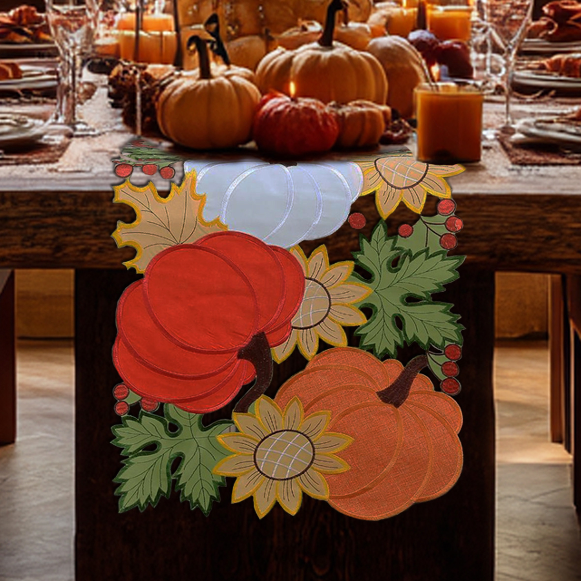 Fall Harvest Table Runner with Pumpkin and Sunflower Design, Autumn ...